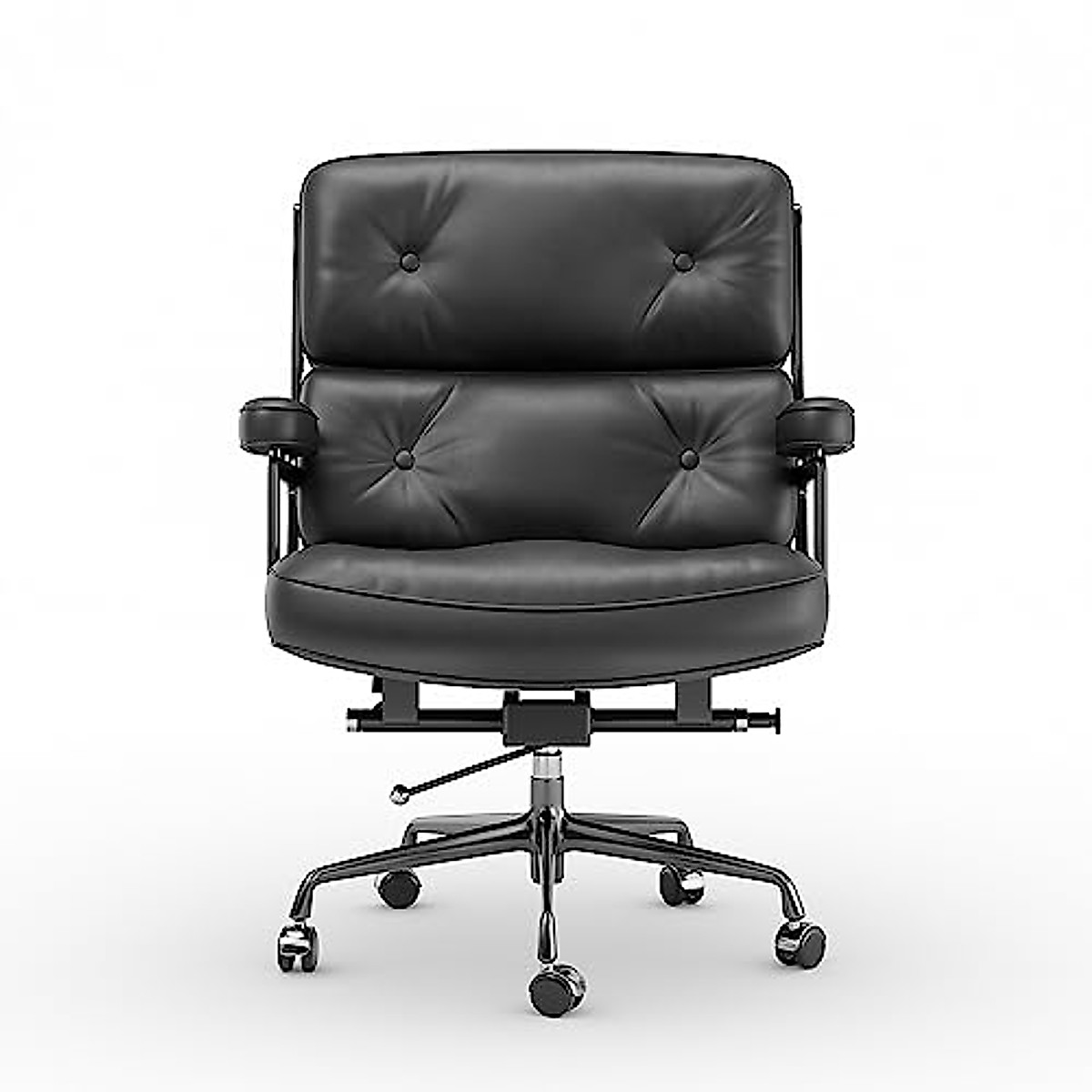 Office Chair- Aluminum Arms Thickened Backrest Lumbar Support, Executive Desk Chair, Genuine Grain Leather Thick Padded Strong Aluminum Base Quiet Wheels, Ergonomic Mid Back Leather Computer Chair