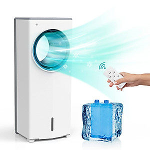 Evaporative Air Cooler, Bladeless Tower Fan & Humidifier with 3 Modes, Portable Swamp Fan with Oscillation, 3 Speeds, 1 Gallon Water Tank, Remote Control, Timer, for Home Indoor
