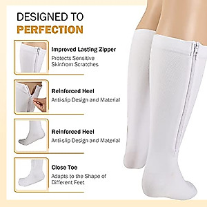Plus Size Zipper Compression Socks Women Men 15-20mmhg Closed Toe Compression Stocking Knee High Compression Socks with Zipper Calf Zip up Support Hose for Walking Running, White