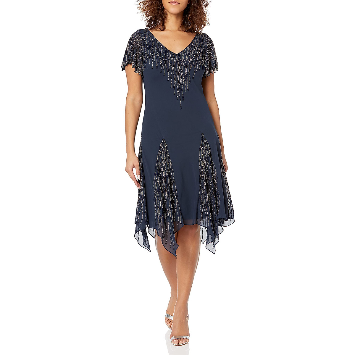J Kara Women's Hanky Hem Beaded Cocktail Dress, Navy/Mercury, 6