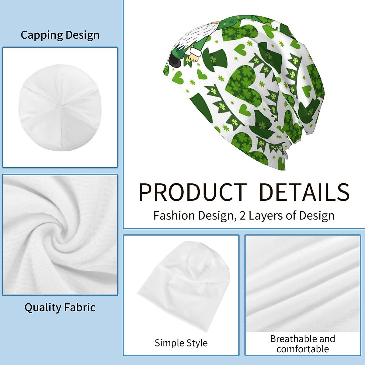 Kicoyuaz St. Patrick's Day Green Knit Beanie Hat Adults Stretch Knitted Skull Beanies Cap Hats for Women Men