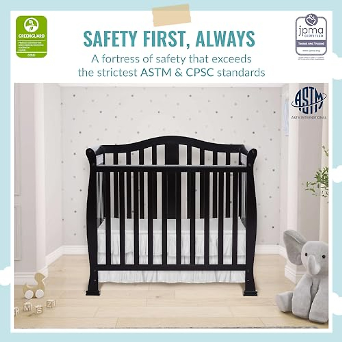 Dream On Me Addison 4-in-1 Convertible Mini Crib in Black, Greenguard Gold Certified, Non-Toxic Finishes, Built of New Zealand Pinewood, Comes with 1” Mattress Pad