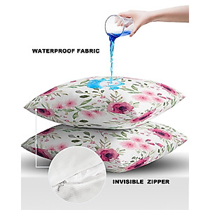 ALAGEO Outdoor Waterproof Pillow Covers for Patio Furniture Pink Flowers Decorative Throw Pillow Cover Spring Style Floral Pillowcases Set of 2 Cushion Case for Sofa Couch Chair Home Decor 18x18 inch