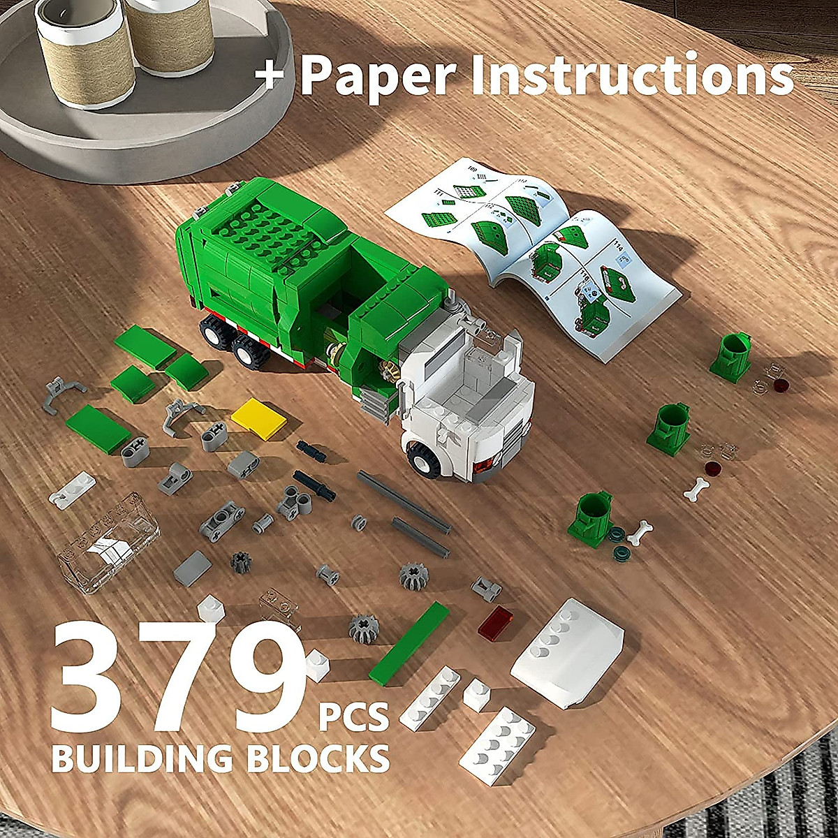 BuildingBoat Garbage Truck Building Kits,Trash Truck Building Blocks with 3 Trash Cans,Sanitation Truck Building Toys(379 Pieces)