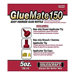 Milescraft 5222 Glue Mate 150-5oz. (150ml) Precision Wood Glue Bottle - Anti-Drip - Dowel and Biscuit Tips Included - Easy Flow Multi-Chamber Design - Ideal for Woodworking