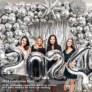 Disco Balloon Arch Garland Kit, Metallic Silver Balloon Arch with Disco Ball Balloons Silver Fringe Disco Ball Backdrop for Birthday Graduation Prom 2024 Disco Party Decorations
