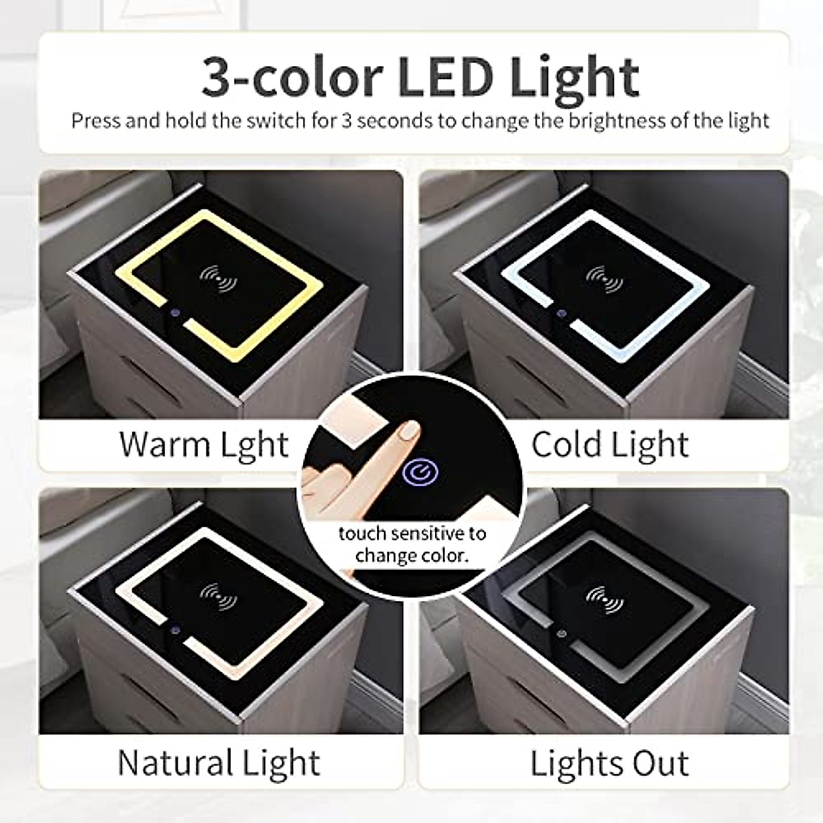 OLD CAPTAIN Nightstands Wireless Charging Station and LED Lights, Modern End Side Table with 3 Drawer Nightstand Storage Cabinet for Bedroom (1, Dark Brown)