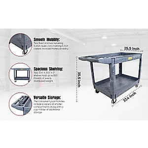 550lb Capacity Heavy Duty Plastic Utility Cart 46" L x 25-5/8" W with Handle 2 Shelves Pake Handling Tools