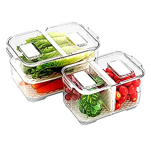 REFSAVER Produce Container Bins for Refrigerator Fruit Storgae Container with Foldable Lid Fridge Produce Saver with Removable Drain Tray Vegetable Baskets for Kitchen