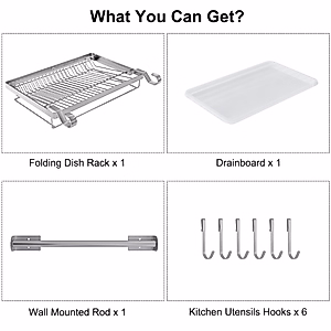 TQVAI Stainless Steel Hanging Dish Drainer Folding Dish Drying Rack with Rod, Drainboard and Hanging S Hooks - Silver