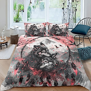 CCoutueChen Wolves Duvet Cover Set King Size Japanese Cherry Blossoms Comforter Bedding Set Retro Animal Duvet Covers for Girls Women Adults Bohemian Dream Catcher Duvet Cover with 2 Pillowcases