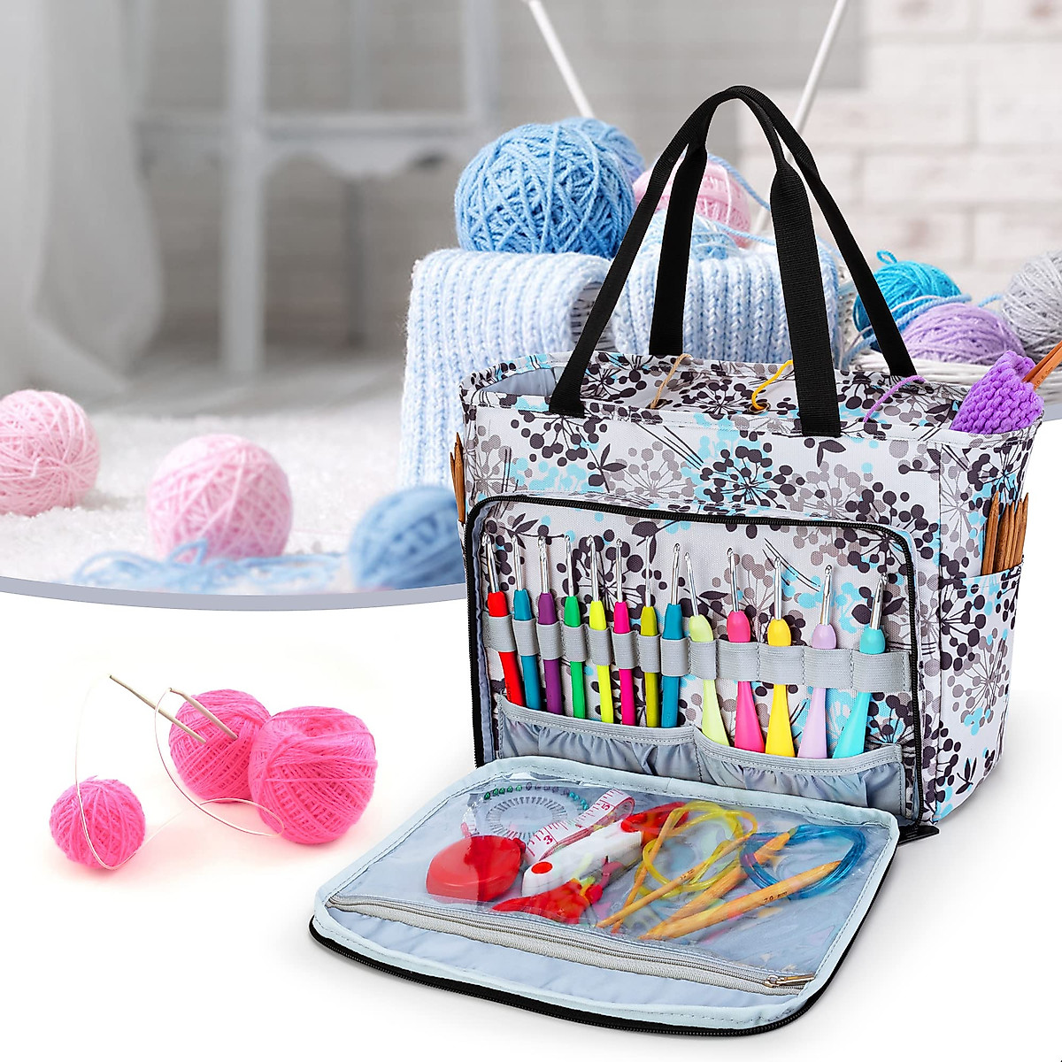 CURMIO Knitting Tote Bag, Yarn Storage Bag with Pockets for Crochet Hooks, Knitting Needles, Knitting Project and Accessories, Dandelion (Bag Only, Patented Design)