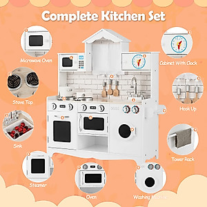 OLAKIDS Kids Kitchen Playset, Wooden Pretend Play Toys with Cookware Accessories, Removable Sink, Oven, Microwave, Washing Machine & Cabinets, Toy Kitchen Set for Kids with Realistic Design