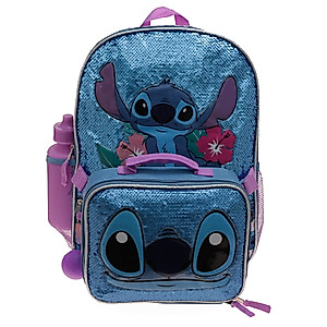 Disney Lilo & Stitch Girls 4 Piece Backpack Set, Blue Flip Sequin School Travel Bag with Front Zip Pocket, Mesh Side Pockets, Lunch Box, Water Bottle, and Squish Ball Dangle