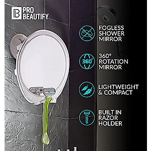 PROBEAUTIFY Fogless Shower Mirror for Shaving - Strong Suction, Razor Holder & 360 Degree Rotation Shower Shaving Mirror - Fog Free Mirror for Shower & Shaving Mirror - Men & Women