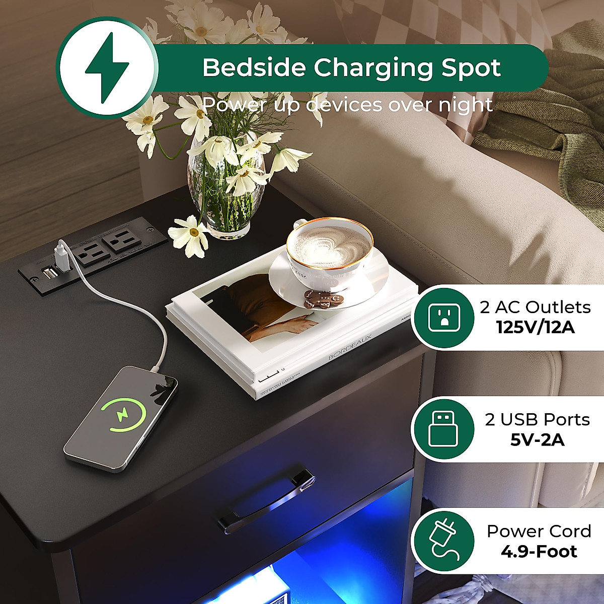 Huuger Nightstands Set of 2, Night Stands with Charging Station & LED Light Strips, Bedside Tables with Drawer, Side Tables Bedroom, End Tables with Open Storage, Black
