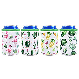 Set of 4 Neoprene Can Sleeves - Collapsible Thermocoolers Can Cooler Sleeves Tropical Summer Soda Beer Caddies for Weddings Bridal Shower Birthday Beach Bachelorette Parties