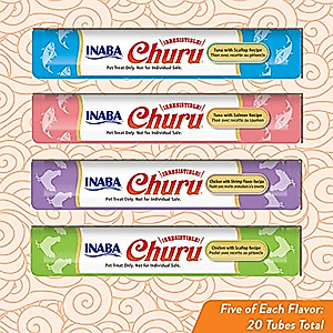 INABA Churu Cat Treats, Grain-Free, Lickable, Squeezable Creamy Purée Cat Treat/Topper with Vitamin E & Taurine, 0.5 Ounces Each Tube, 20 Tubes, Seafood Variety