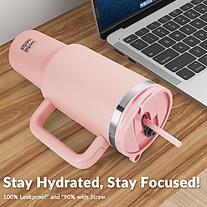 WETOWETO 40oz Tumbler with Handle and Lid | 100% Leakproof Insulated Stainless Steel Travel Mug | Keeps Cold 34Hrs/Hot 10Hrs | Dishwasher Safe, Fits Car Cup Holder (Blush Color)