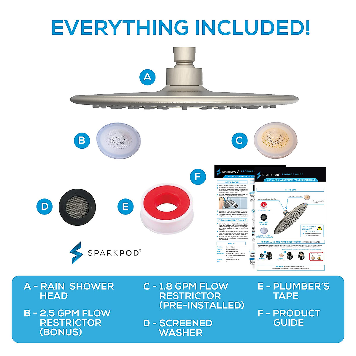 SparkPod 9.5 Inch Large Rain Shower Head - Luxury Rainfall Shower Head - High Pressure Showerhead, Full Body Coverage with Anti-Clog Silicone Nozzles -No Hassle, Easy Install (1/2 NPT, Brushed Nickel)