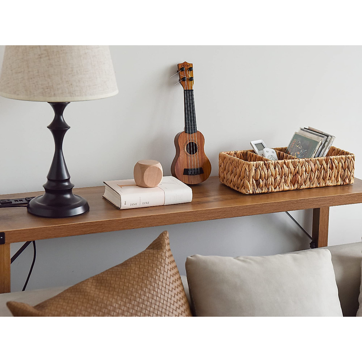 StorageWorks Small Wicker Baskets with 4 Sections, Water Hyacinth Baskets for Organizing, Handwoven Desk Baskets for Pantry, Coffee Bar, Shelves, 2 Pack