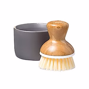 Full Circle Bubble Up Ceramic Dispenser & Bamboo Handle Brush – Replaceable Kitchen Dish Scrubber with Soap Holder, Gray, Dispenser, Grey/White
