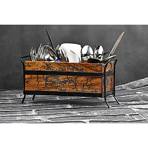 Utensil Caddy Silverware Cutlery Holder with 3 Compartment, Wooden Utensil Crock Flatware Organizers with Iron Stand, Rustic Kitchen Utensil Organizers for Farmhouse Kitchen and Countertop