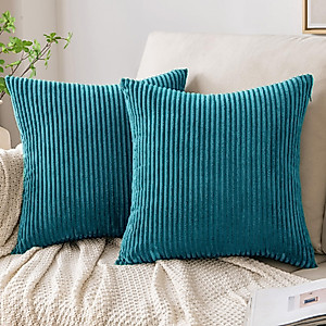 EMEMA Throw Pillow Covers Corduroy Decorative Soft Striped Square Cushion Covers Spring Pillowcases for Couch Sofa Bedroom Chair Car 20x20 Inch Pack of 2, Ocean Blue