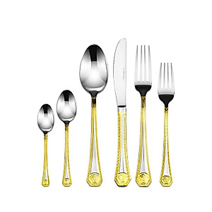 Italian Collection 'Greek Medusa' 75-Piece Premium Surgical Stainless Steel Silverware Flatware Set 18/10, Service for 12, 24K Gold-Plated Hostess Serving Set in a Wooden Case