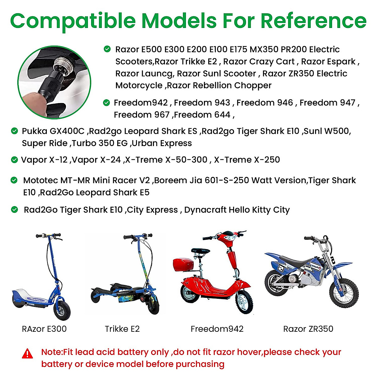 Auspow 24V Power Supply for Razor MX350, Dirt Quad, Pocket Mod, E200, E300, PR200, E100, E500, and Sports Mod, 3-Prong 24V 1.5A Adapter Power Cord Replacement for Part# W13112099014