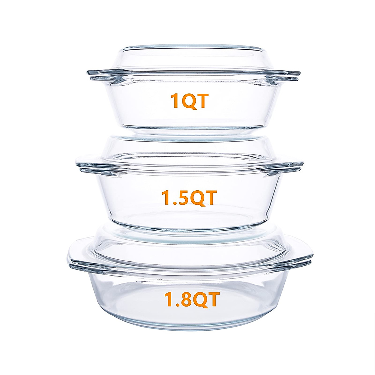 HUSANMP Set of 6 Pieces Round Tempered Glass Casserole Dish with Lids, Glass Casserole Baking Dish Set for Oven, Freezer and Dishwasher Safe - 1QT+1.5QT+1.8QT