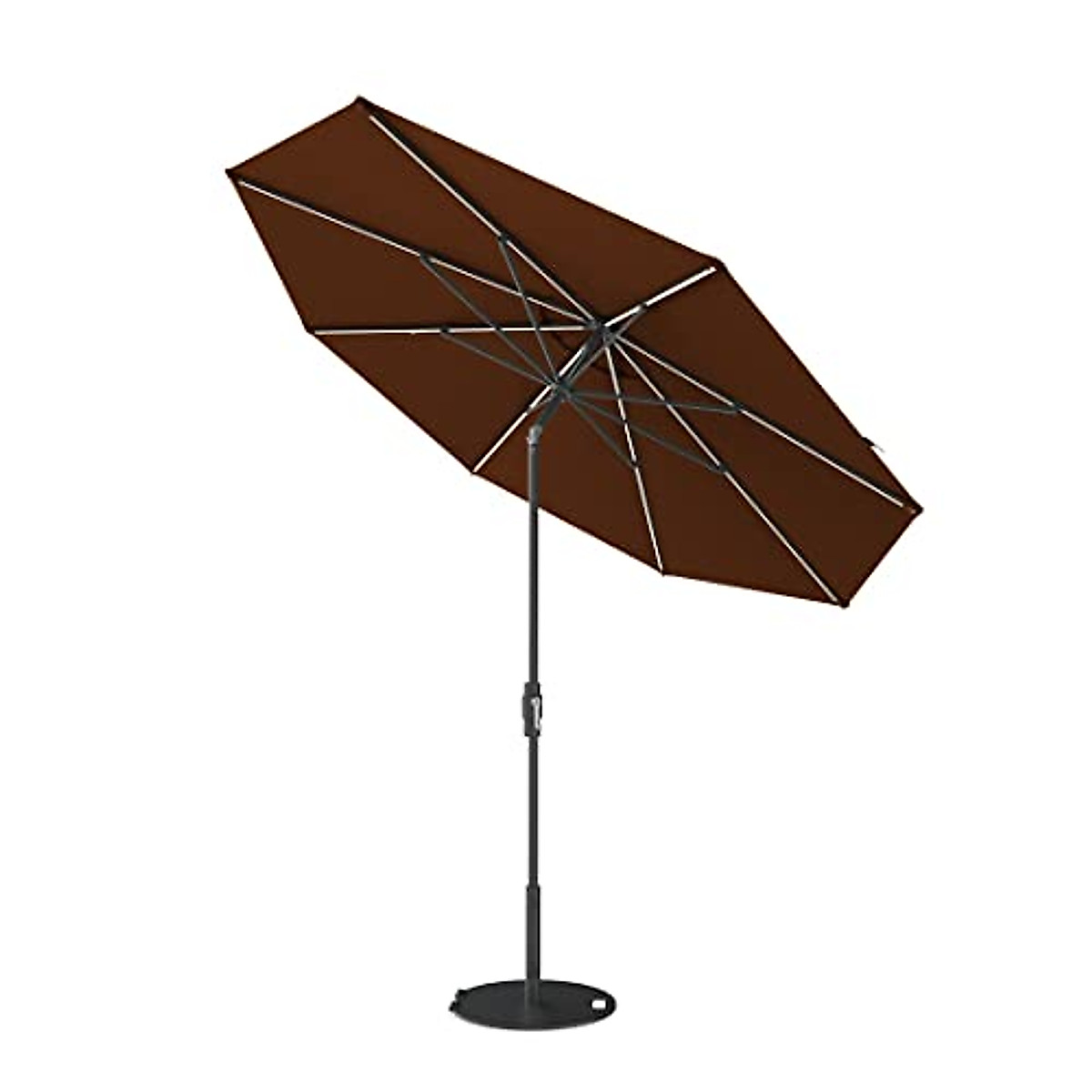The LED Swilt 10 Feet Outdoor Umbrella With Sunbrella Bay Brown Acrylic Fabric - Auto-Tilt And Swivel Aluminum Frame Patio Umbrella With LED Lights For Deck, Garden, Pool - Black Pole