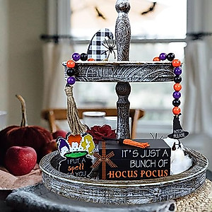 Hocus Pocus Halloween Decorations for Home Indoor - 1 Set of Halloween Wooden Faux Book Stack, 1 Sanderson Sisters Witches Cauldron Sign, 1 Bead Garland & 1 Broom, Halloween Table Tiered Tray Decor