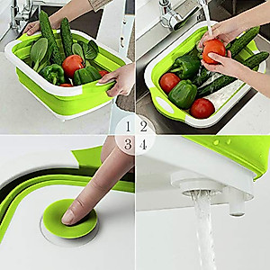 QiMH Collapsible Cutting Board - Portable Washing Veggies Fruits Food Grade Camping Sink (8.5Quart) with Draining Plug - Foldable Multi-function Kitchen Plastic Silicone Basin(Knife Included)