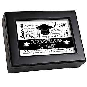 Cottage Garden Congratulations Graduate Matte Black Jewelry Music Box Plays Pomp and Circumstance