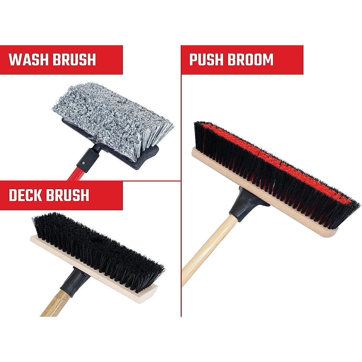 CRAFTSMAN CMXMKIT0080 3-Piece Heavy Duty Cleaning Tool Set with 10 in.All-Surface Wash,12 in. Scrubbing Deck Brush & 18 in. Push Broom, Brown