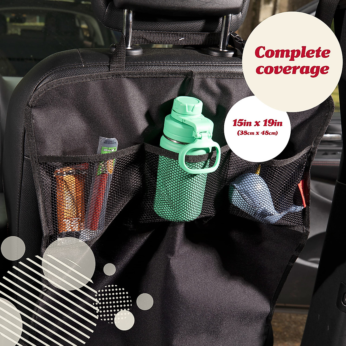 Lusso Gear Heavy Duty Kick Mats (2 Pk) - Waterproof Back Seat Organizer - Sag Proof Car Seat Cover for Kids - Black Kick Mats Car Protector with 3 Reinforced Storage Pockets - Backseat Protector