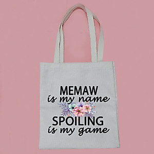 PWHAOO Memaw Grandma Gift Memaw Is My Name Spoiling Is My Game Tote Bag Canvas Best Memaw Ever Shopping Bag (spoiling Memaw Tote)