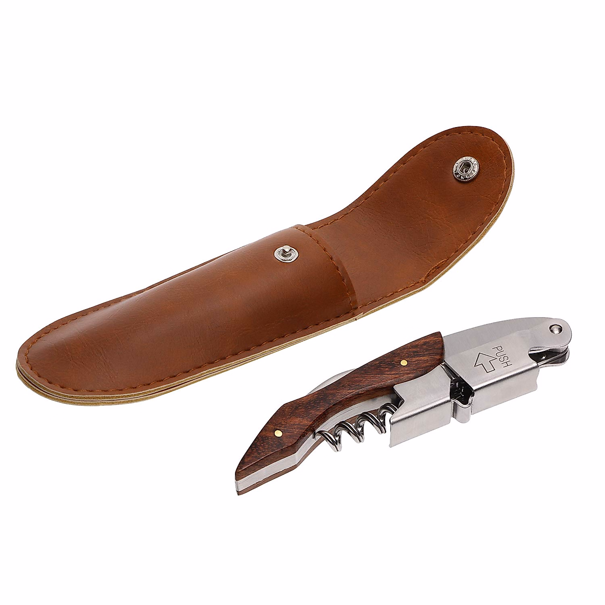 Mini Skater Professional Wine Opener Keys Natural Wood Handle Double-Hinged Stainless Steel Screw Beer Bottle Corkscrew with Leather Pouch For Bartenders Waiters Servers,1Pcs (B Style + Pouch)