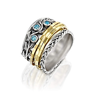 Paz Creations 925 Sterling Silver Spinner Ring with Blue Topaz Gemstone, Anxiety Ring/Boho Ring with 14K Gold Fidget Ring, 925 Sterling Silver Rings for Women (S 7)