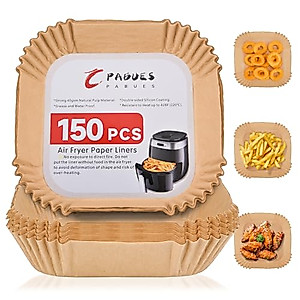 PABUES Air Fryer Paper Liners 6.3inch, 150PCS Non-Stick Parchment Paper,Oil Resistant,Disposable Food Grade Free of Bleach Paper Square for 2-5 QT Air Fryer Baking Roasting Microwave
