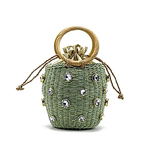 ZHYLing Small Drawstring Straw Tote Hand Braided Bucket Bag Summer Beach Wrist Wallet Organizer (Color : Beige)