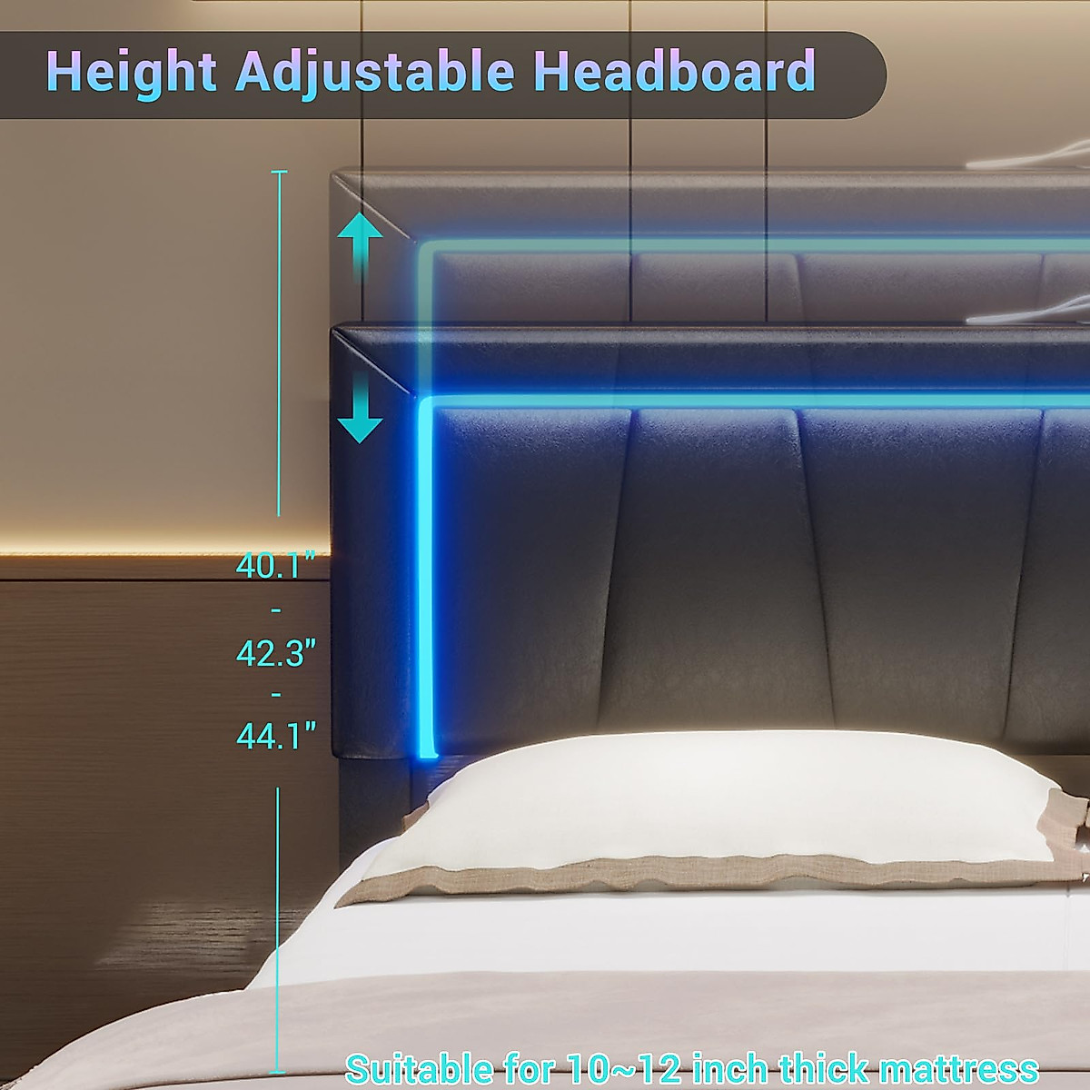 Hasuit California King Bed Frame with 4 Storage Drawers, LED Light Platform Bed Cal King Size with Charging Station, Black Artificial Leather Upholstered Headboard, No Spring Needed, Noise Free