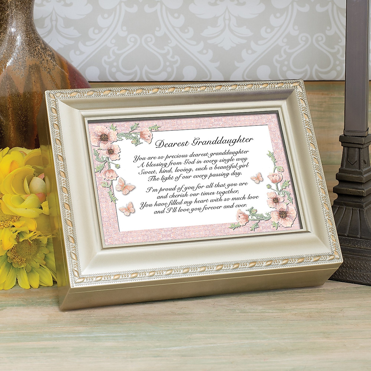 Cottage Garden Dearest Granddaughter Champagne Silver Rope Trim Music Box Plays Light Up My Life