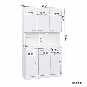 Cabinet, Large Kitchen Storage Cabinet Buffet Cabinet 71" Freestanding Kitchen Pantry Cabinet Cupboard with 6 Doors and 1 Drawer Versatile Wardrobe & Kitchen Cabinet Craft Storage Cabinet (White)