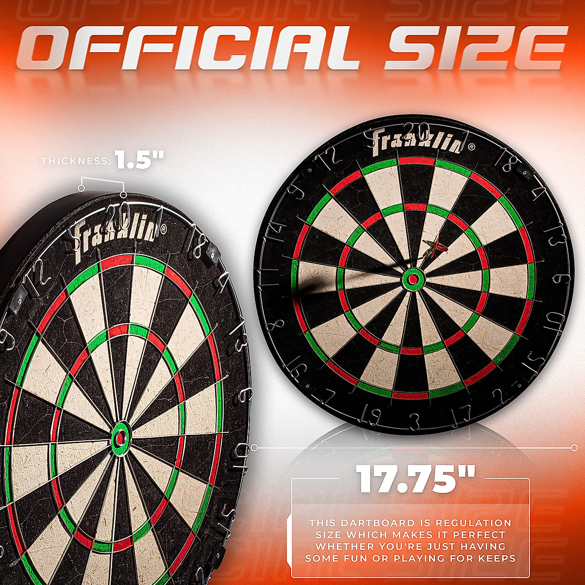 Franklin Sports Official Dartboard - Professional Regulation Size 18 inch Bristle Self Healing Dartboard - Metal Number Ring - Steel Tip Darts Dartboard,Black