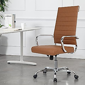 LANDSUN Home Office Chair High Back Executive Chair Ribbed Leather Computer Desk Chair with Armrests Soft Padded Adjustable Height Swivel Modern Conference Chrome Brown