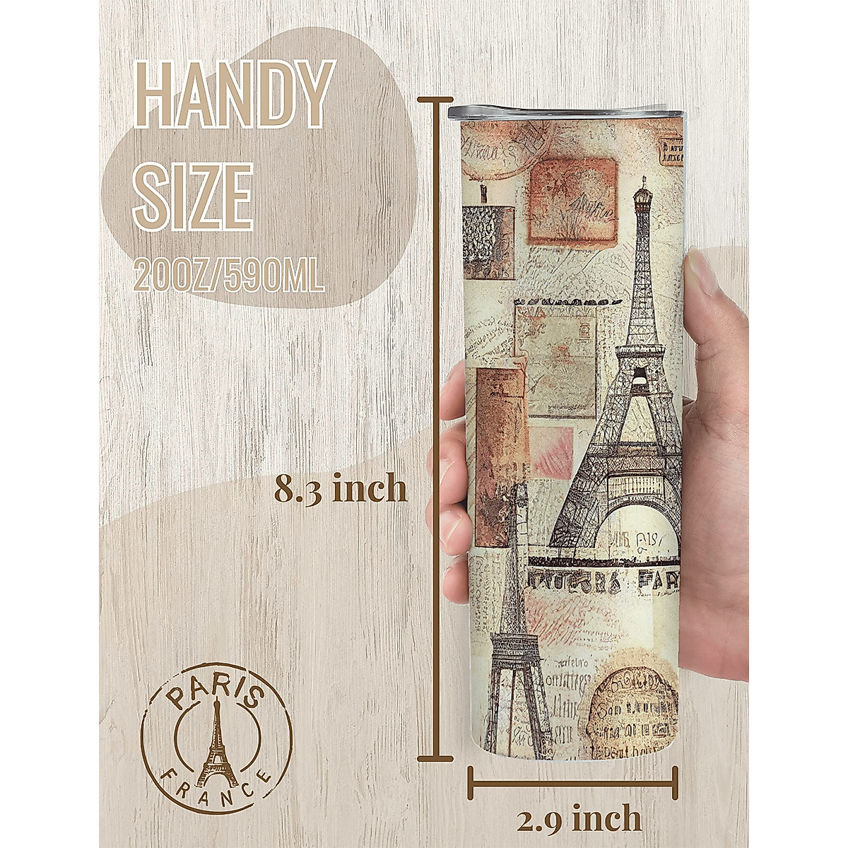 Onebttl Paris Gifts for Women, Insulated Stainless Steel Wine Tumbler with Lid and Straw, Vintage Cup, 20 oz