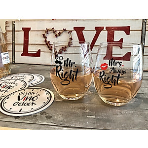 Vino O'clock Mr Right and Mrs Always Right Wine Glasses Gift Set For Bridal Shower, Married Couples, Weddings, Engagements, Newlyweds, Anniversary / 16oz