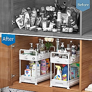 SOLEJAZZ 2-Tier Under Sink Organizer, Under Bathroom Sink Cabinet Sliding Under Sink Storage Organization, Multi-purpose Kitchen Shelf with Hooks, Hanging Cup, White
